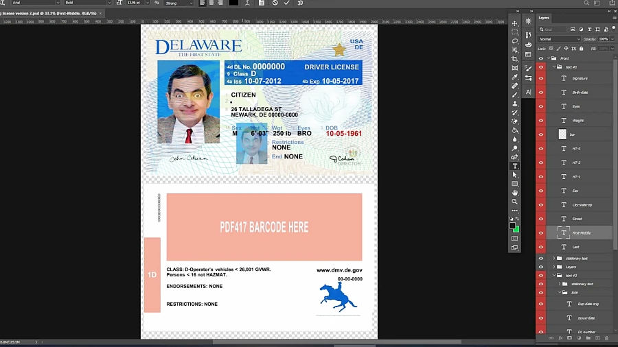 USA Delaware driving license template in PSD format, version 2