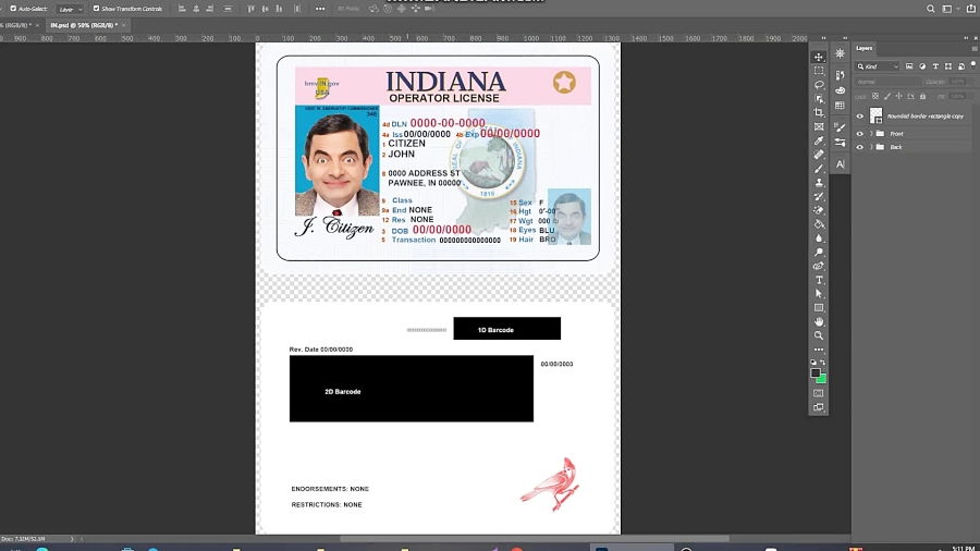 USA Indiana driving (operator) license template in PSD format