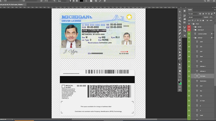 USA Michigan drivers permit template in PSD format, with the fonts
