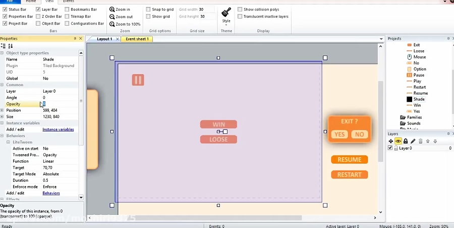 How to create animated menu in Construct 2